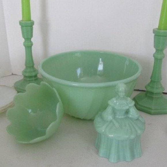 Bath | Moser Jadeite Colonial Woman Powder Jar Half Doll Powder Jar ...
